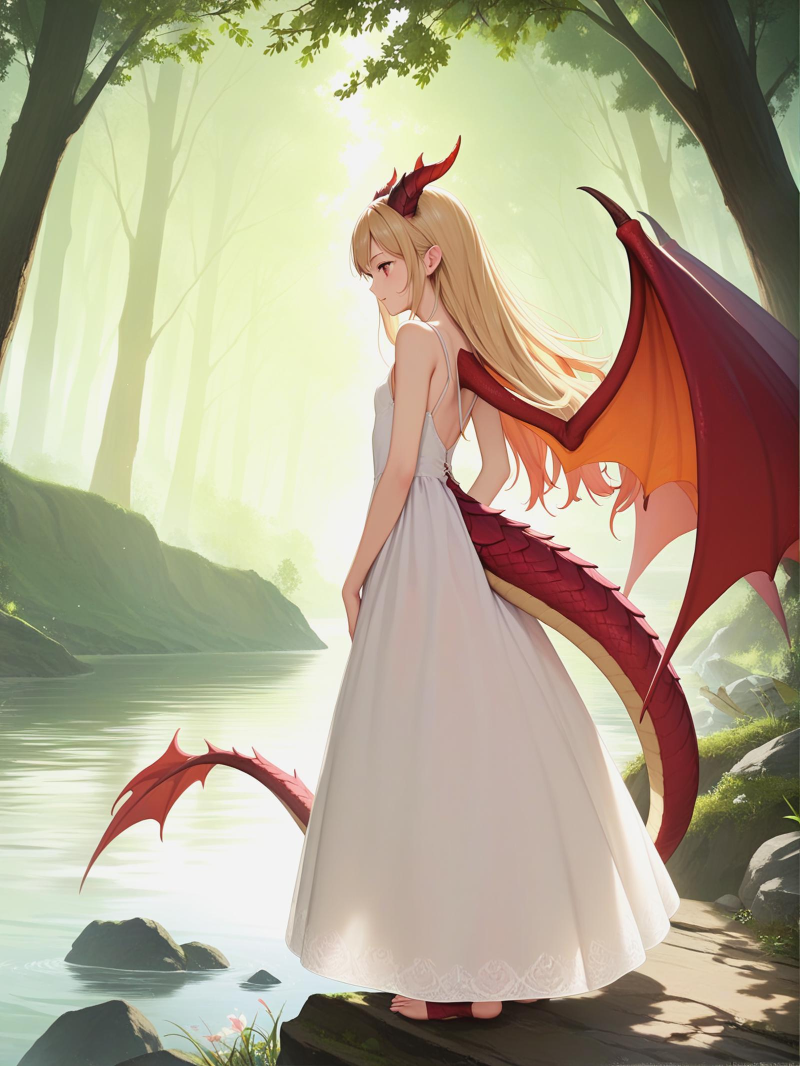Anime girl with dragon wings standing on a rock by a river - SeaArt AI