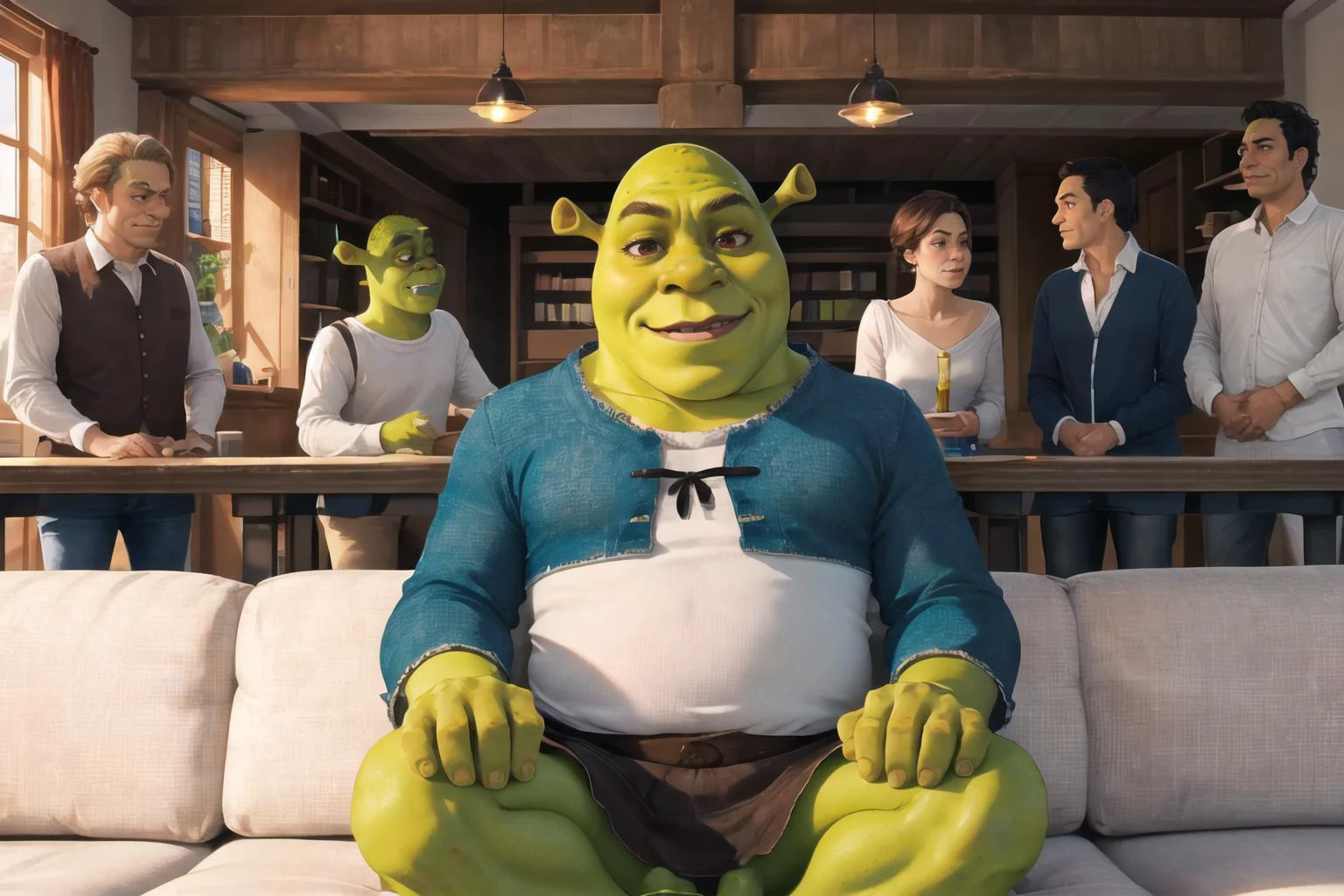 A close up of a person sitting on a couch with a group of people behind ...