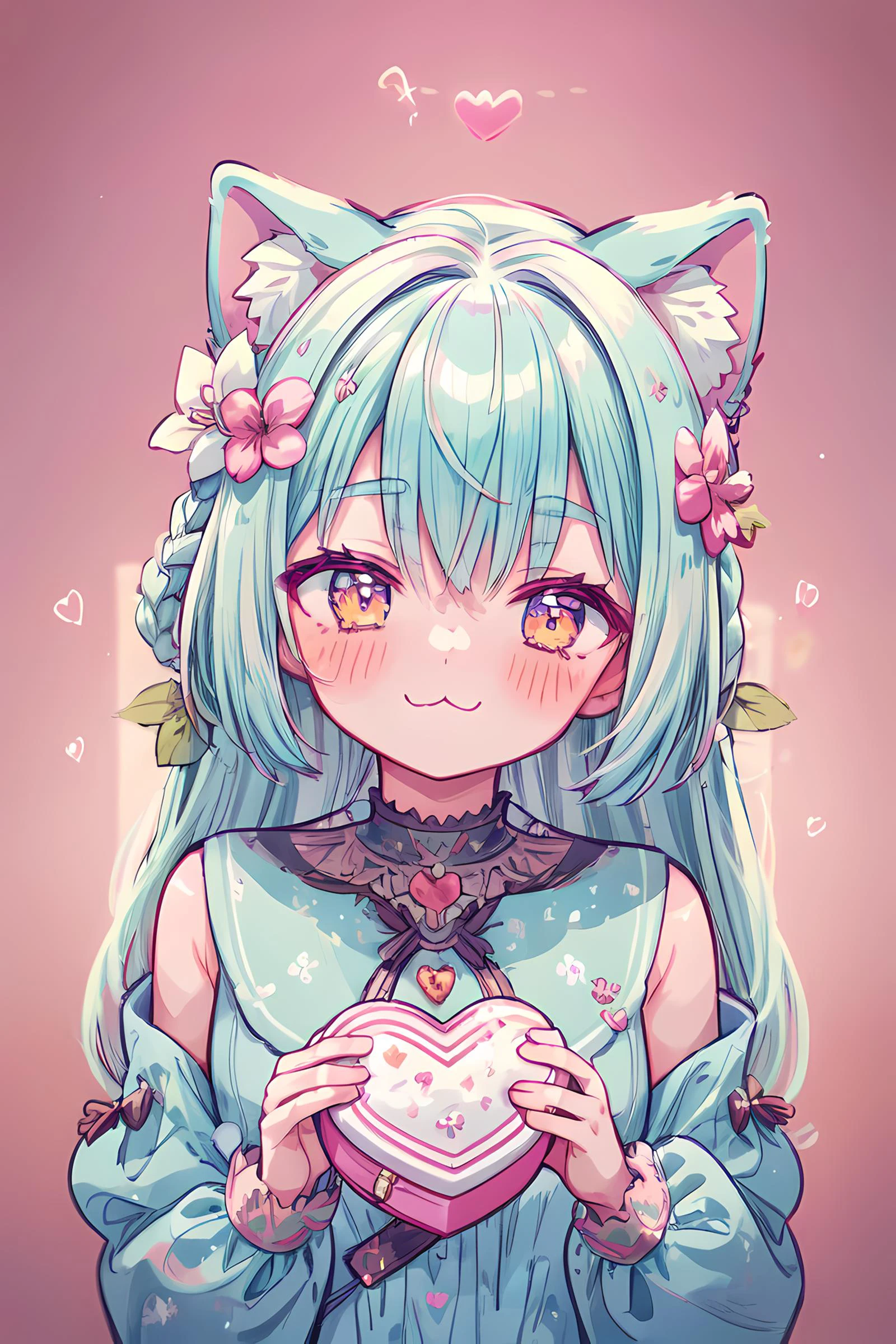 A cartoon girl with blue hair holding a heart shaped cake - SeaArt AI