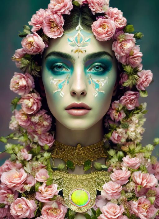 A woman with a flower crown and blue eyes and a green face paint ...