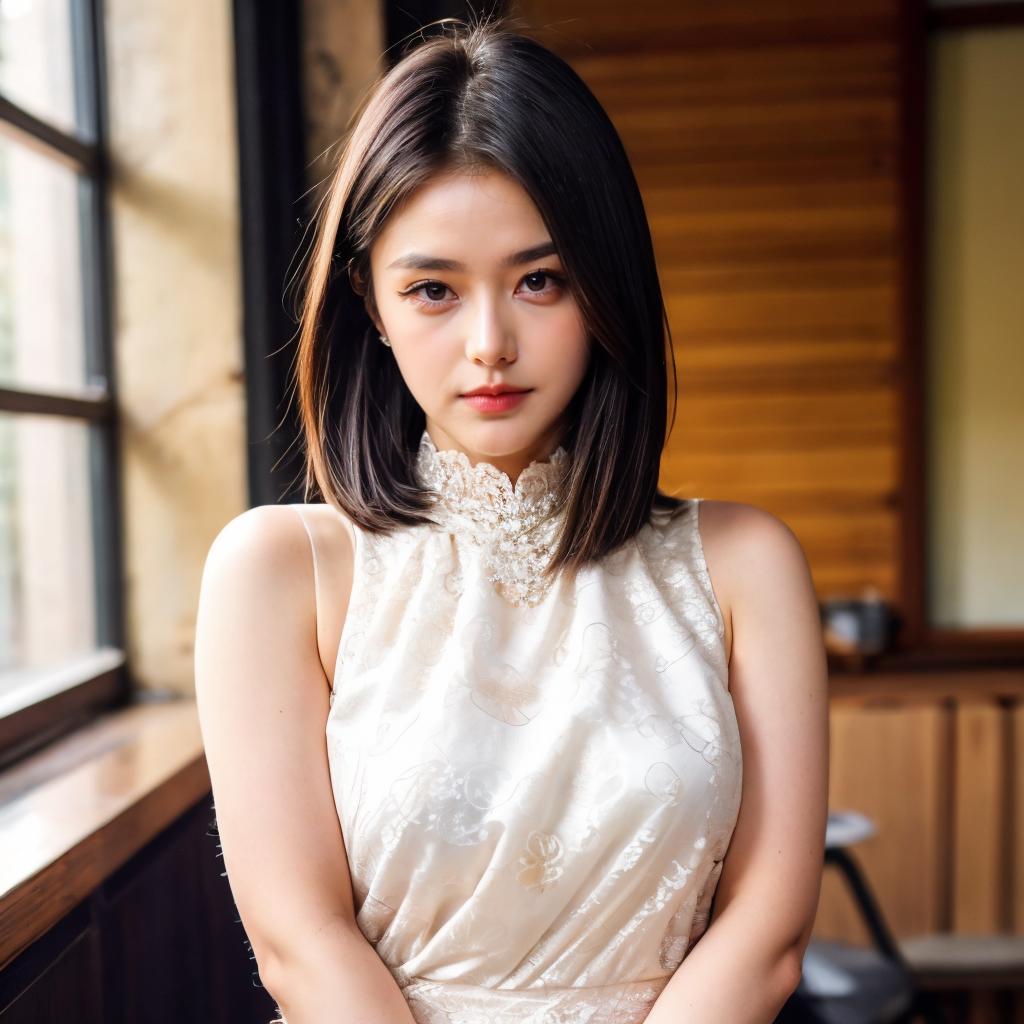 A close up of a woman in a white dress sitting on a chair - SeaArt AI