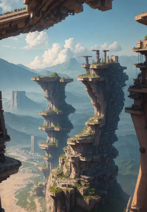 sci-fi cyberpunk city, bridges, deep ravine rift in the middle ...