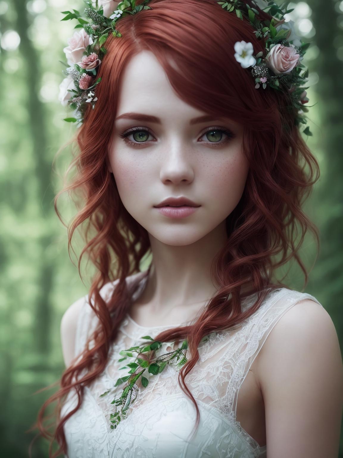 A woman with red hair and a flower crown on her head - SeaArt AI