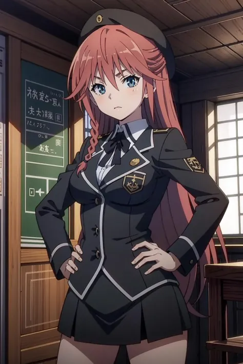 A woman in uniform standing in front of a desk in a room - SeaArt AI