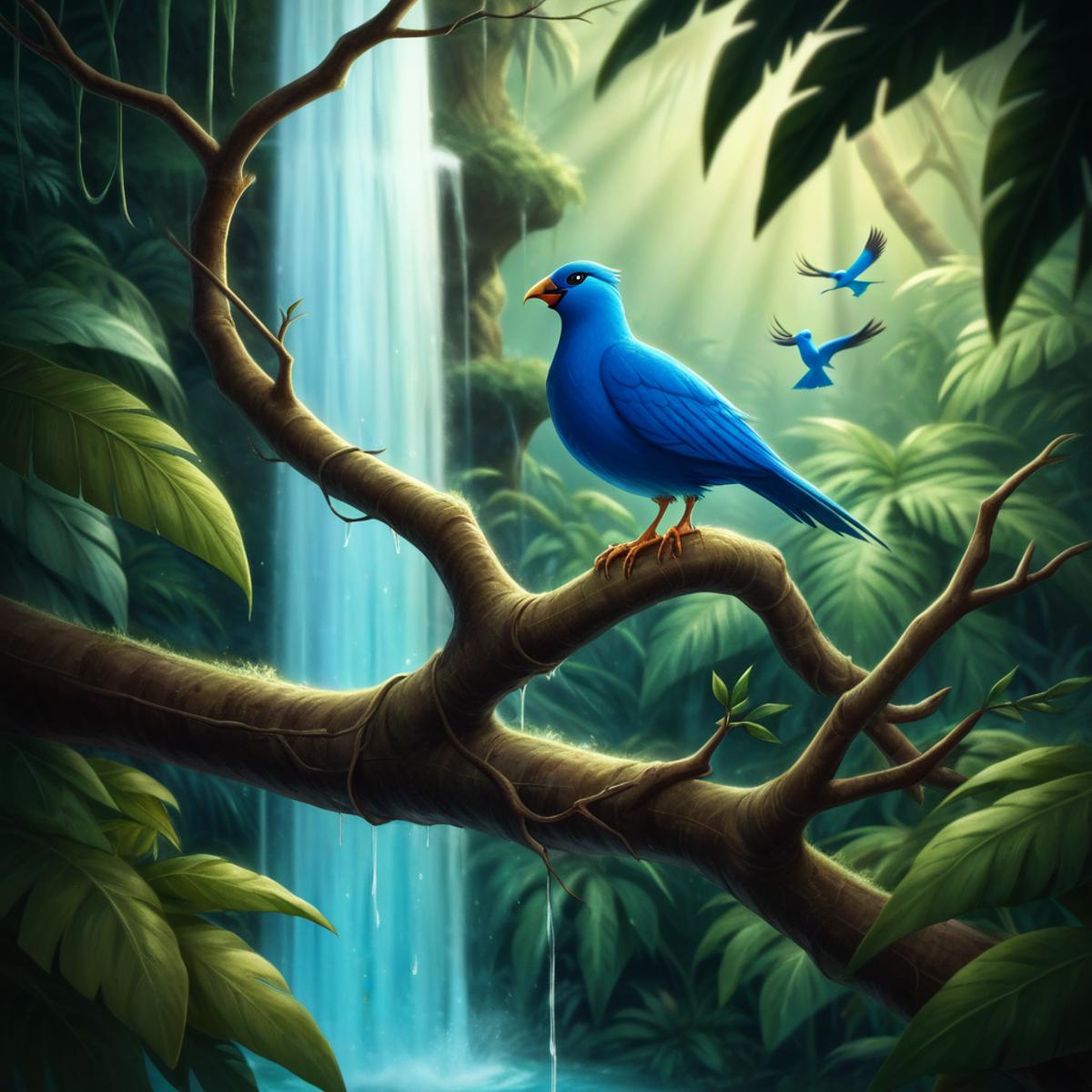 A close up of a blue bird sitting on a branch near a waterfall - SeaArt AI