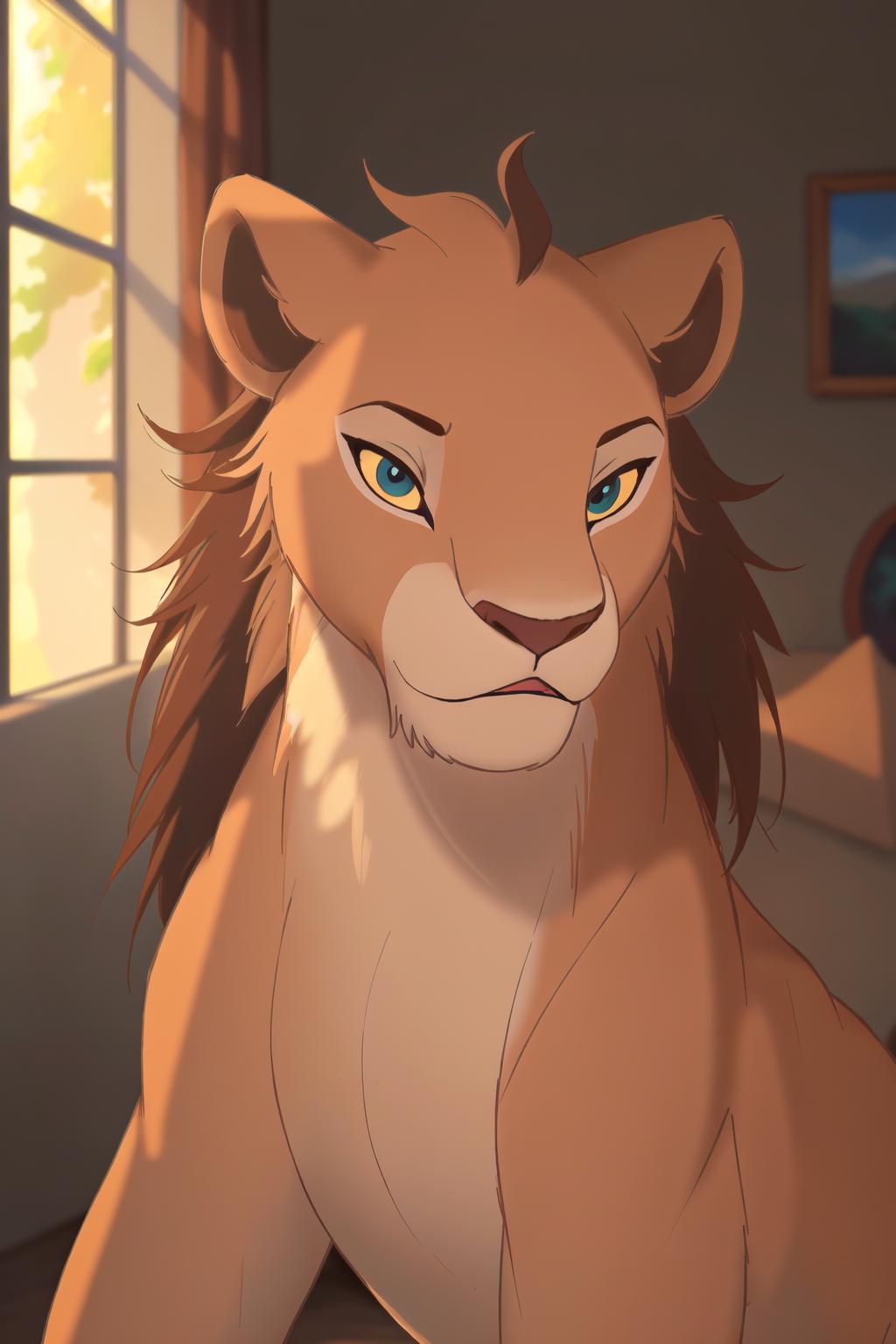 A close up of a cartoon lion sitting in a room - SeaArt AI