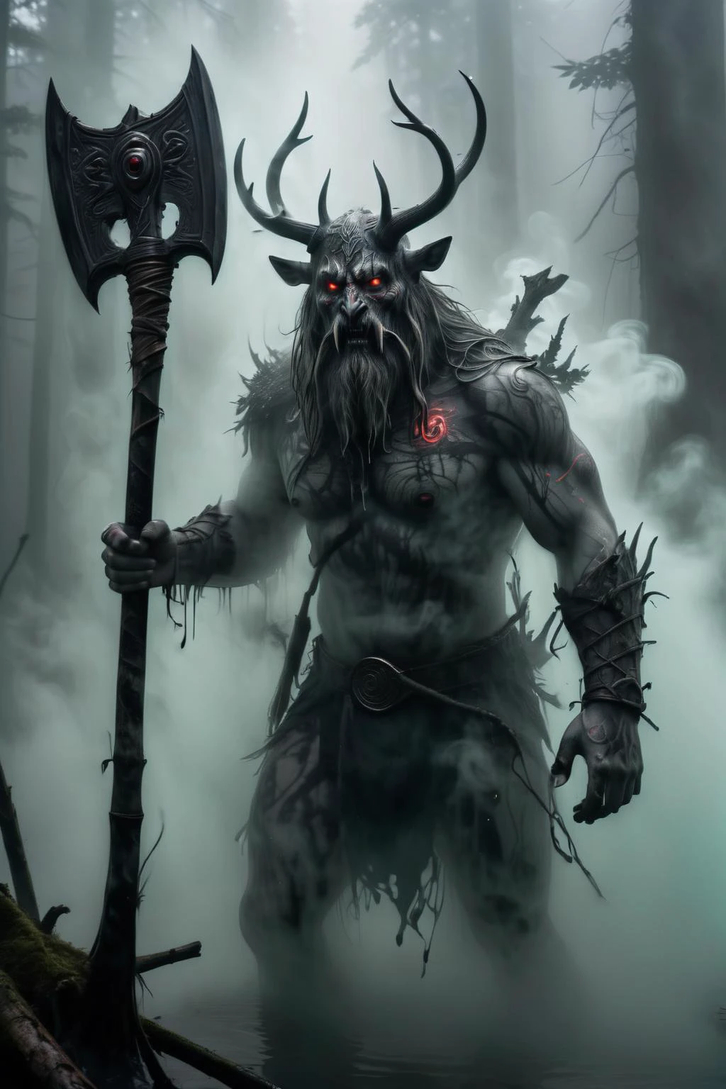 A man with a horned head and a horned axe in the fog - SeaArt AI