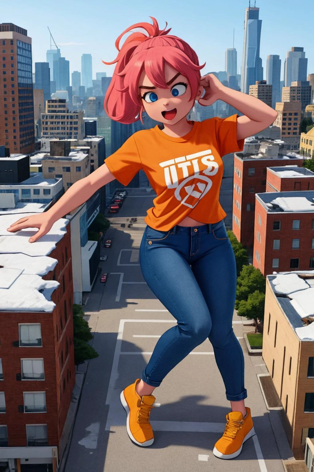 A woman in an orange shirt and jeans is standing on a ledge - SeaArt AI