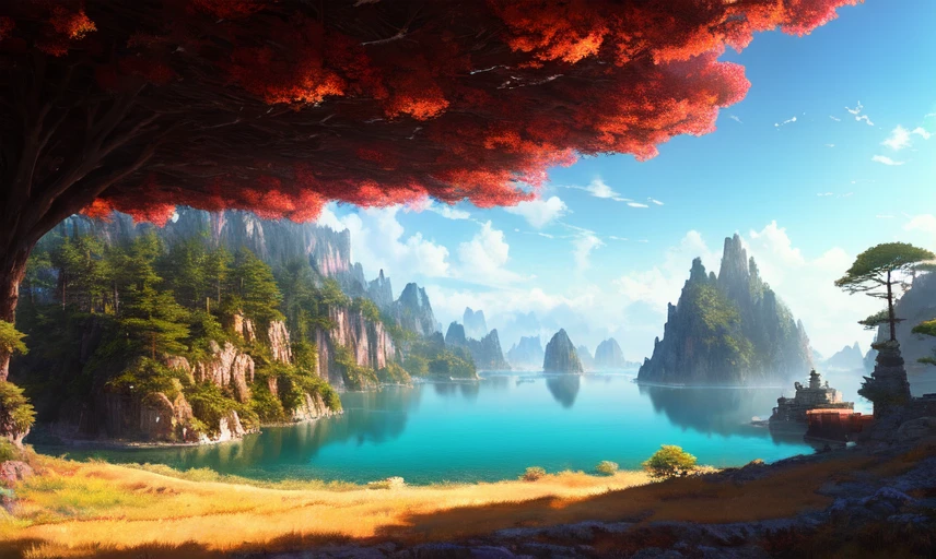 A view of a lake surrounded by mountains and trees - SeaArt AI