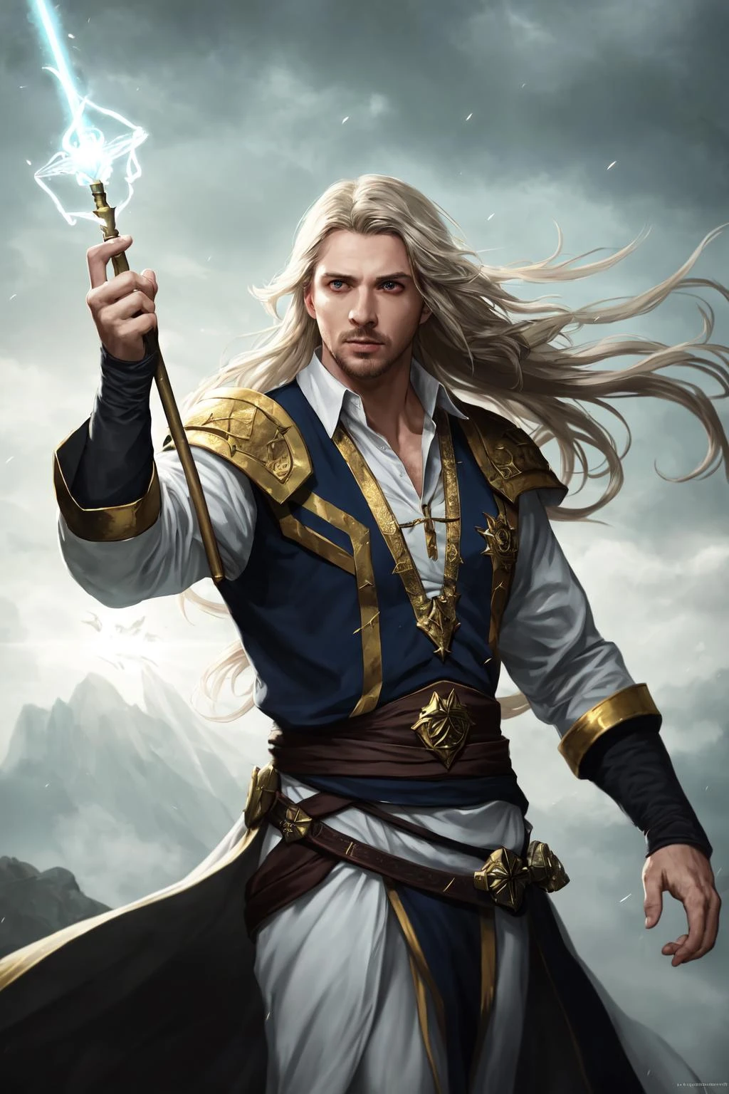 A man with long hair holding a wand in his hand - SeaArt AI