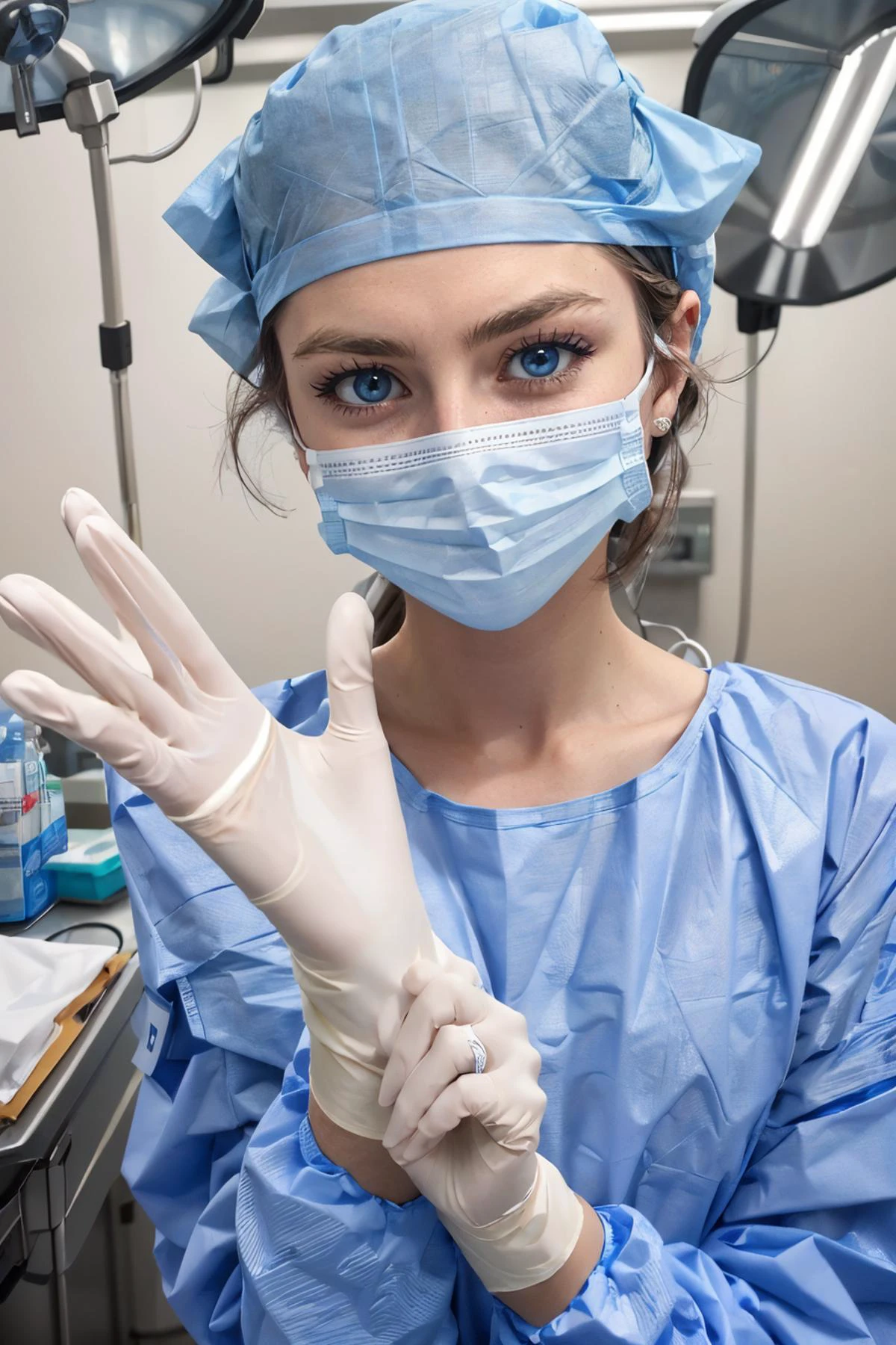 A close up of a person wearing a surgical mask and gloves - SeaArt AI