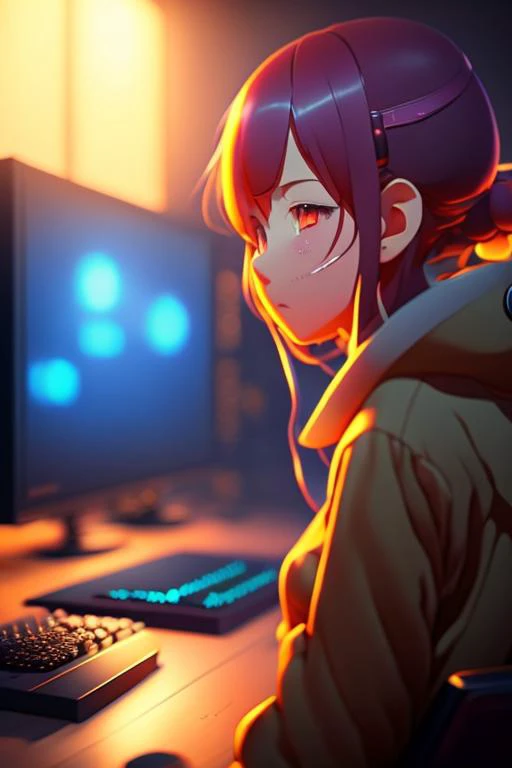 Anime girl sitting in front of a computer with a keyboard - SeaArt AI