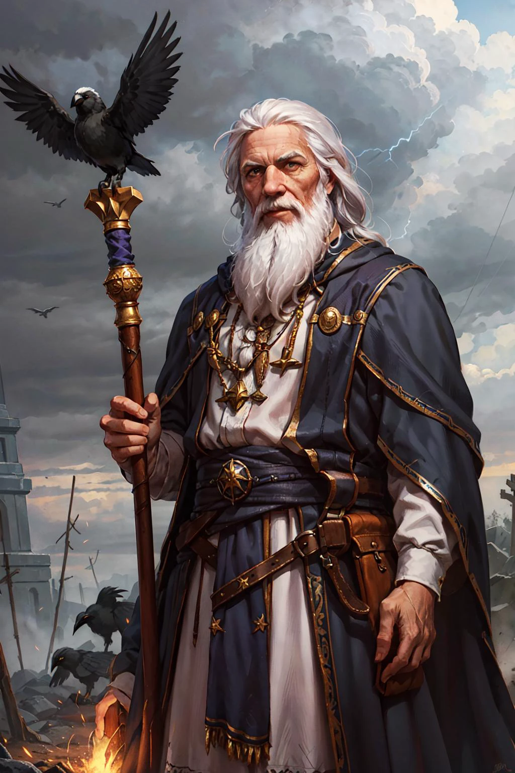 A man with a long white beard and a long white beard holding a staff ...