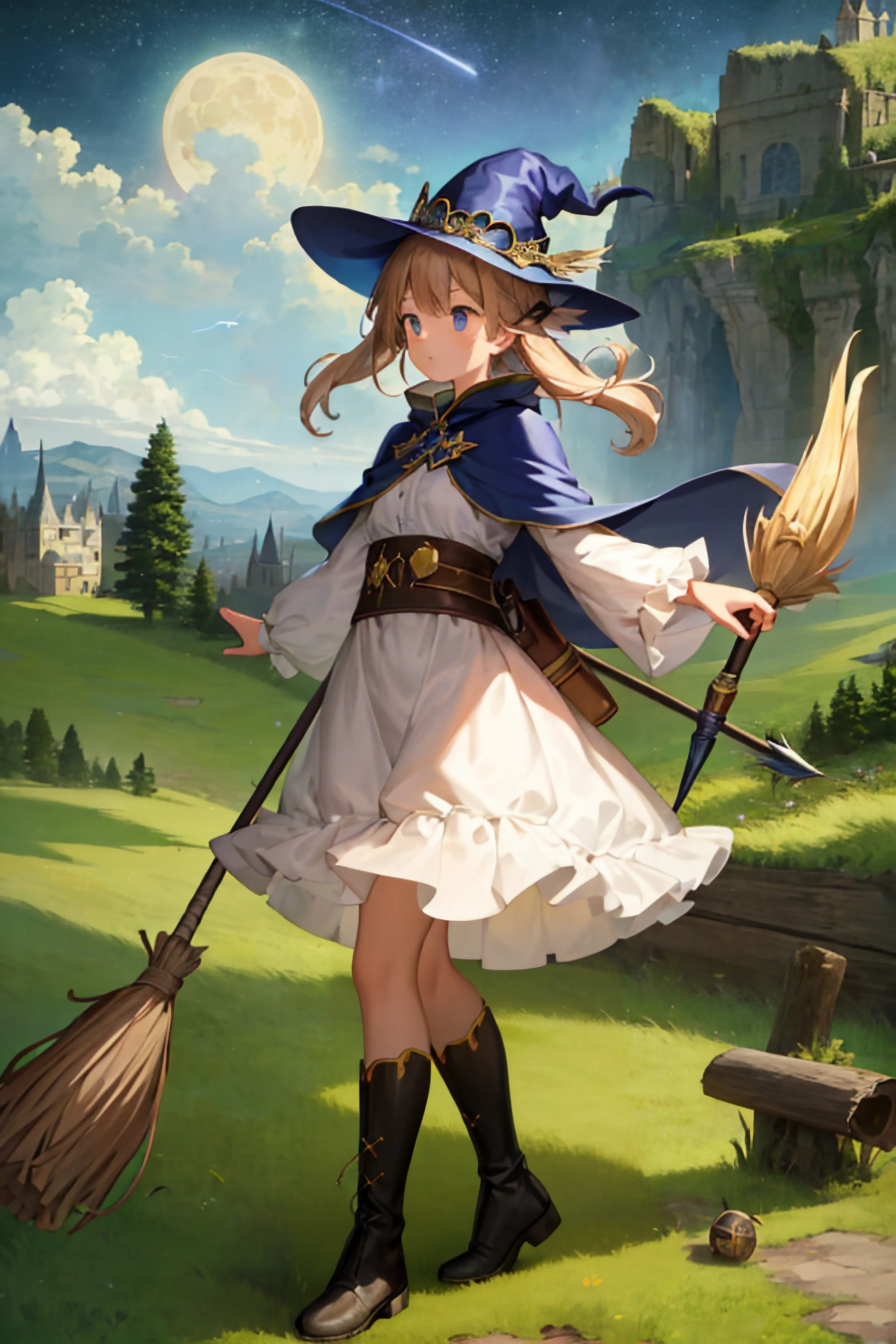 A woman in a witch costume holding a broom and a broom - SeaArt AI