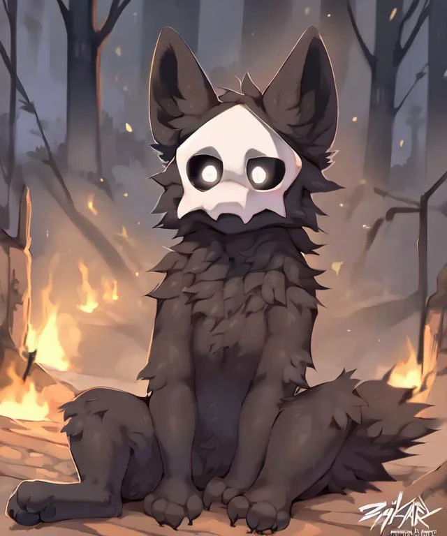 A drawing of a wolf with a mask sitting in front of a fire - SeaArt AI