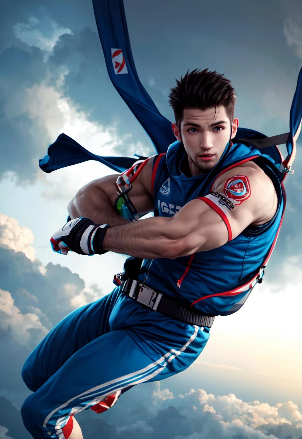 boy skydiving, clouds, wind, muscular, vibrant colors - SeaArt AI