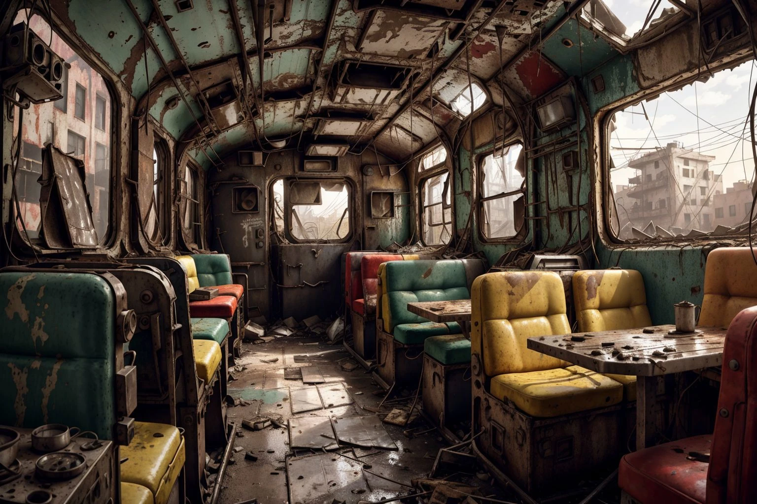 Arafed bus with a bunch of seats and tables in it - SeaArt AI