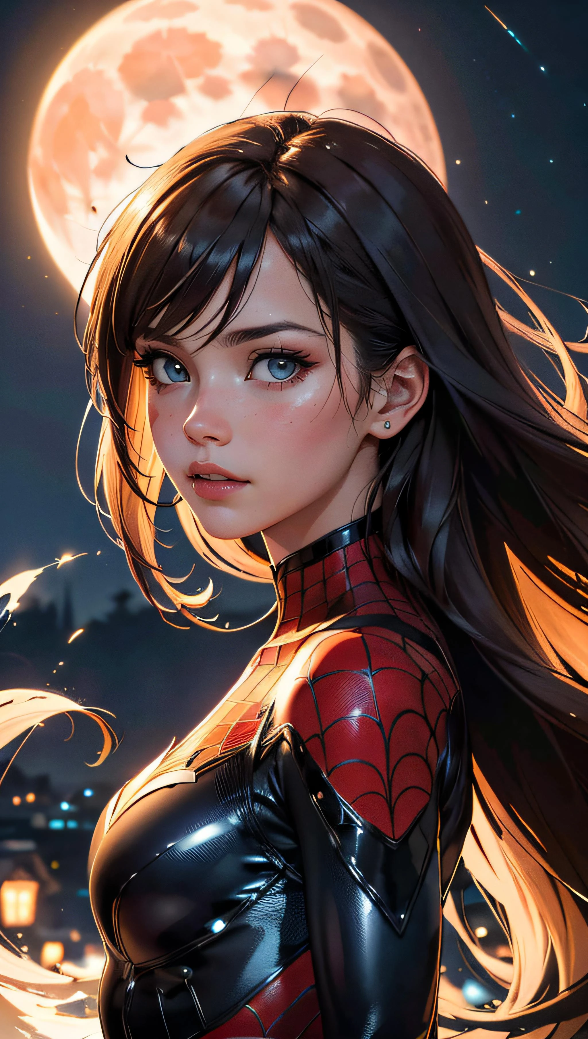 A woman in a black and red suit with a full moon behind her - SeaArt AI