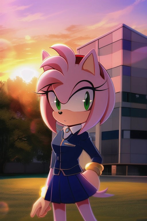 Amy Rose, 1girl, solo, tree, sky, outdoors, skirt, cloud, brown, hair, sunset, lens, flare ...