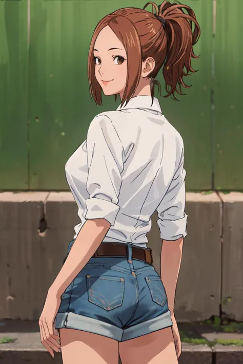 A woman in a white shirt and blue shorts standing on a sidewalk - SeaArt AI