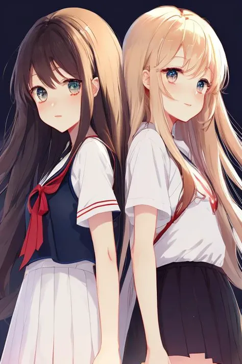 Two anime girls with long hair and school uniforms standing next to ...