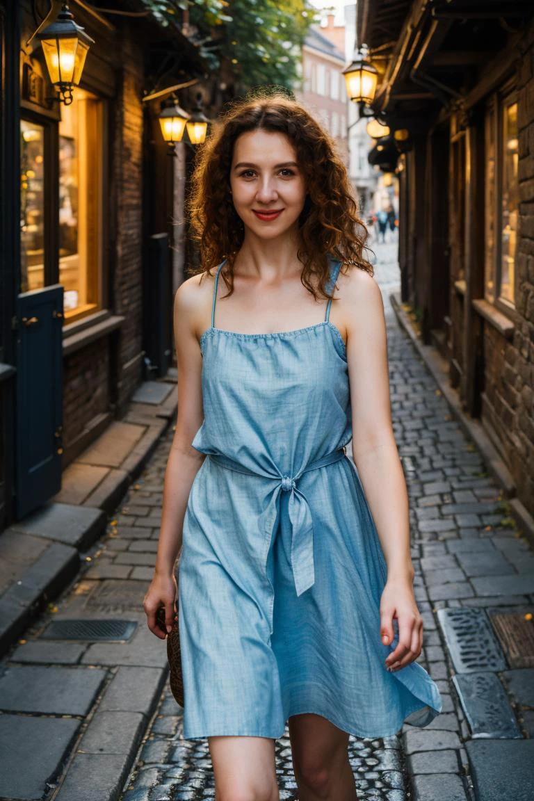 Mujer arafed con un vestido azul caminando por una calle estrecha. - SeaArt AI