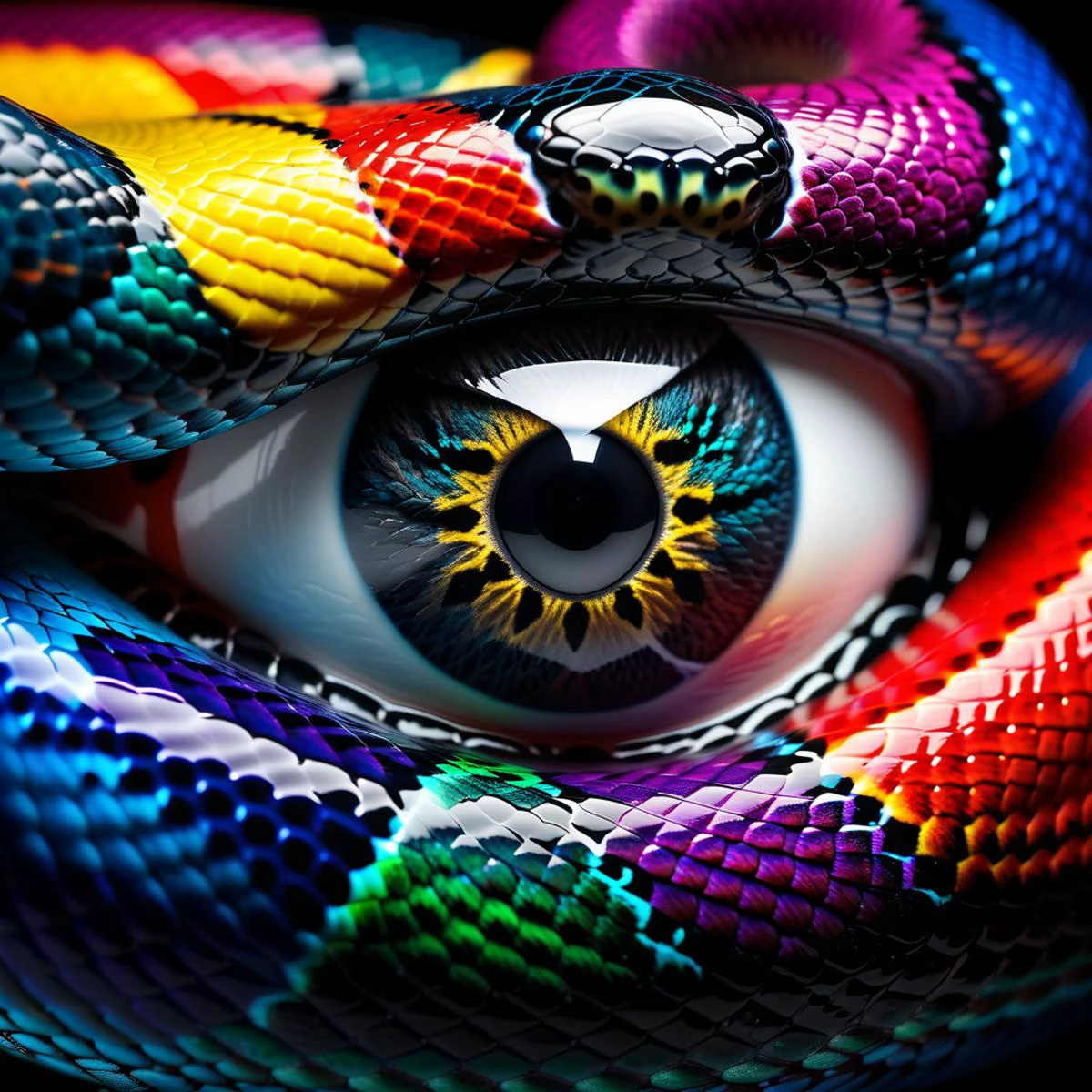 A close up of a snake's eye with a colorful snake skin - SeaArt AI