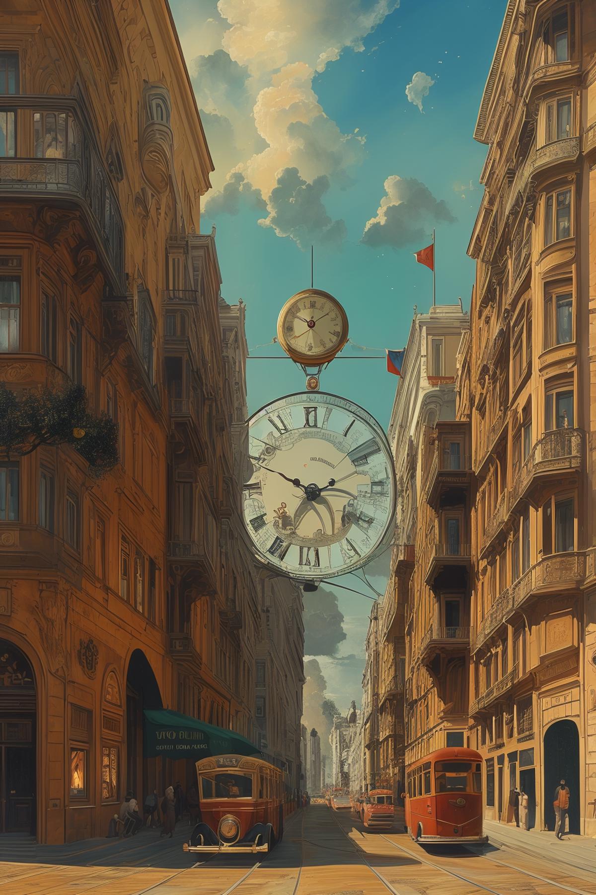 Painting of a clock hanging from a building in a city - SeaArt AI