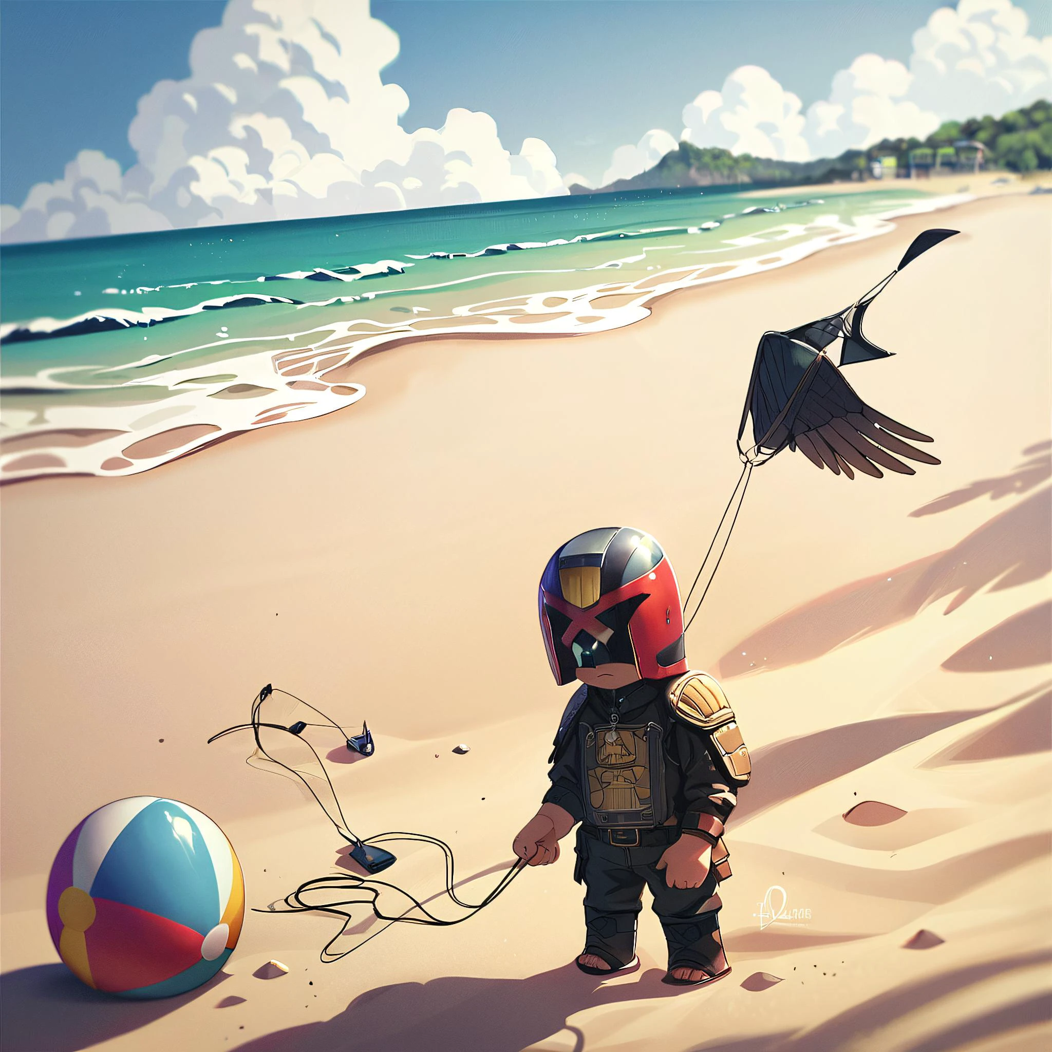 Painting of a little boy on the beach with a kite and a ball - SeaArt AI