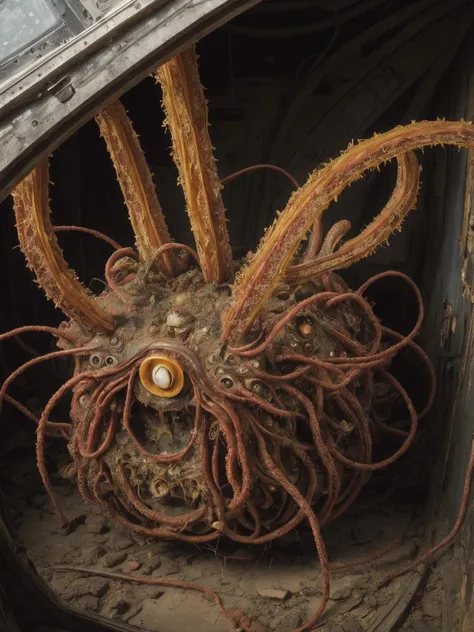 ((Best quality)), ((masterpiece)): A grotesque, biomechanical creature ...