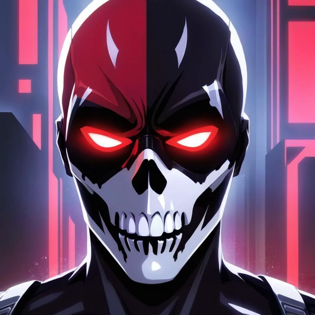 A close up of a person with a skull face and red eyes - SeaArt AI