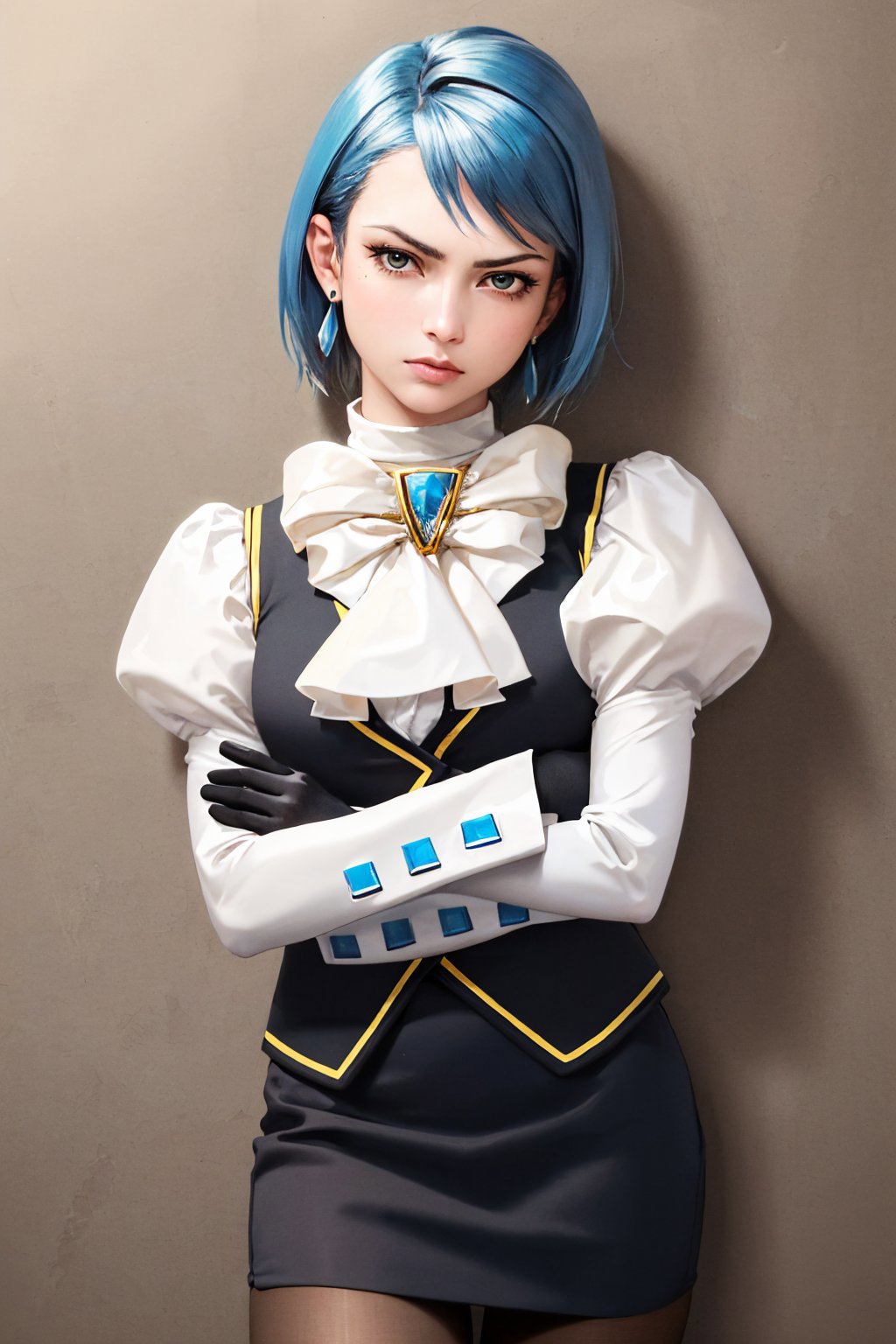 A woman in a short dress and a bow tie posing for a picture - SeaArt AI