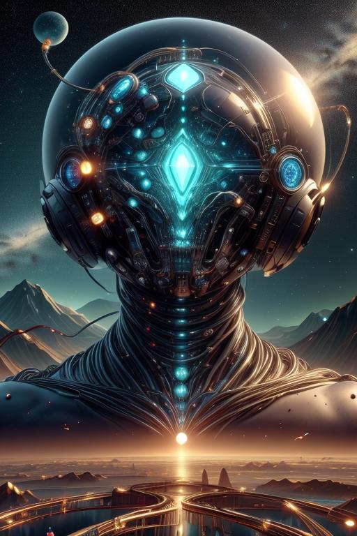 A futuristic man with a futuristic face and head in the middle of a ...