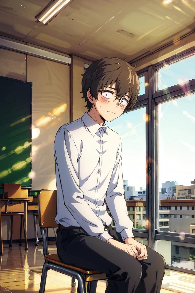 Anime boy sitting on a chair in a room with a view of a city - SeaArt AI
