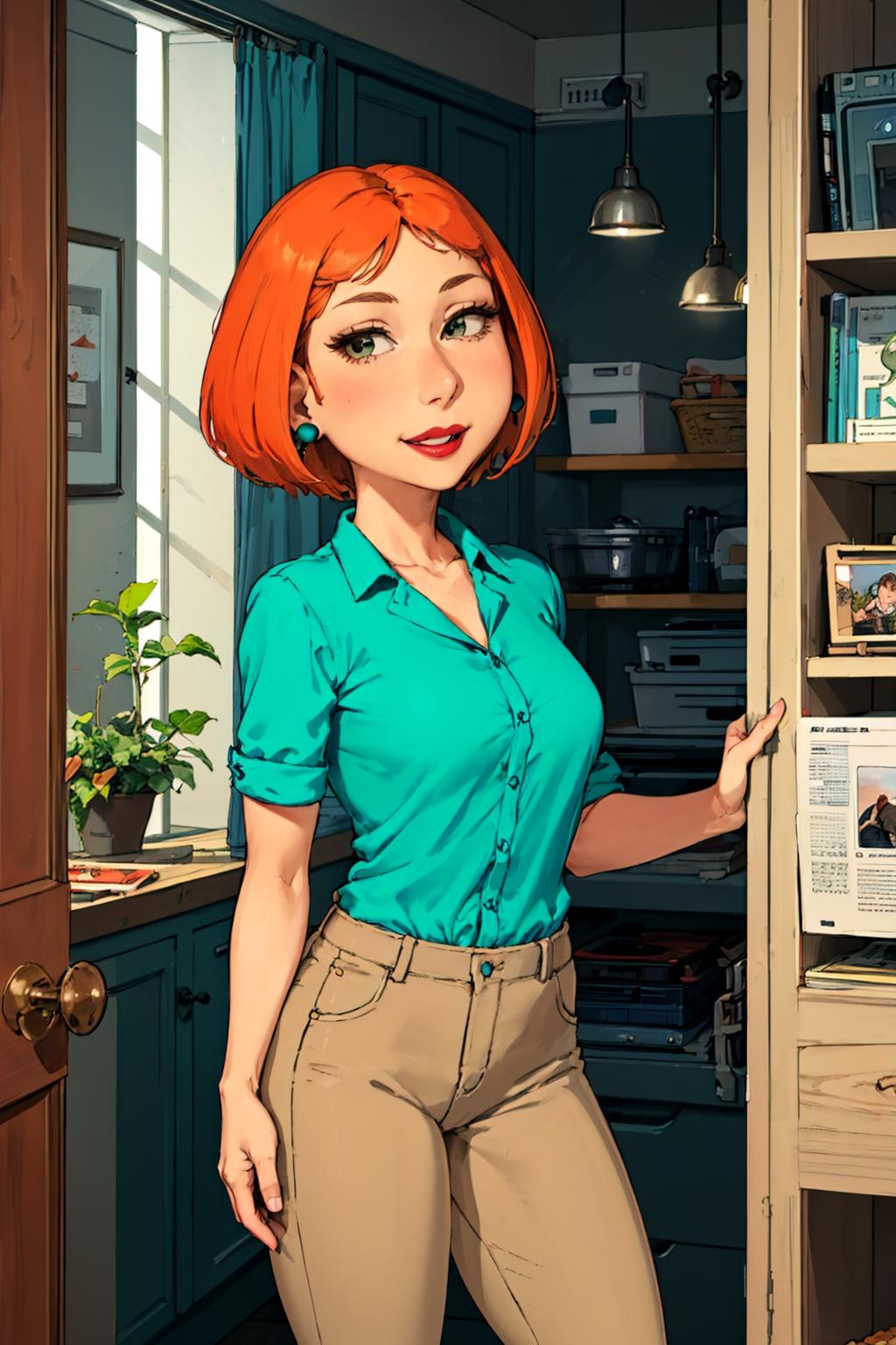 A woman in a blue shirt and khaki pants standing in front of a bookcase - SeaArt AI