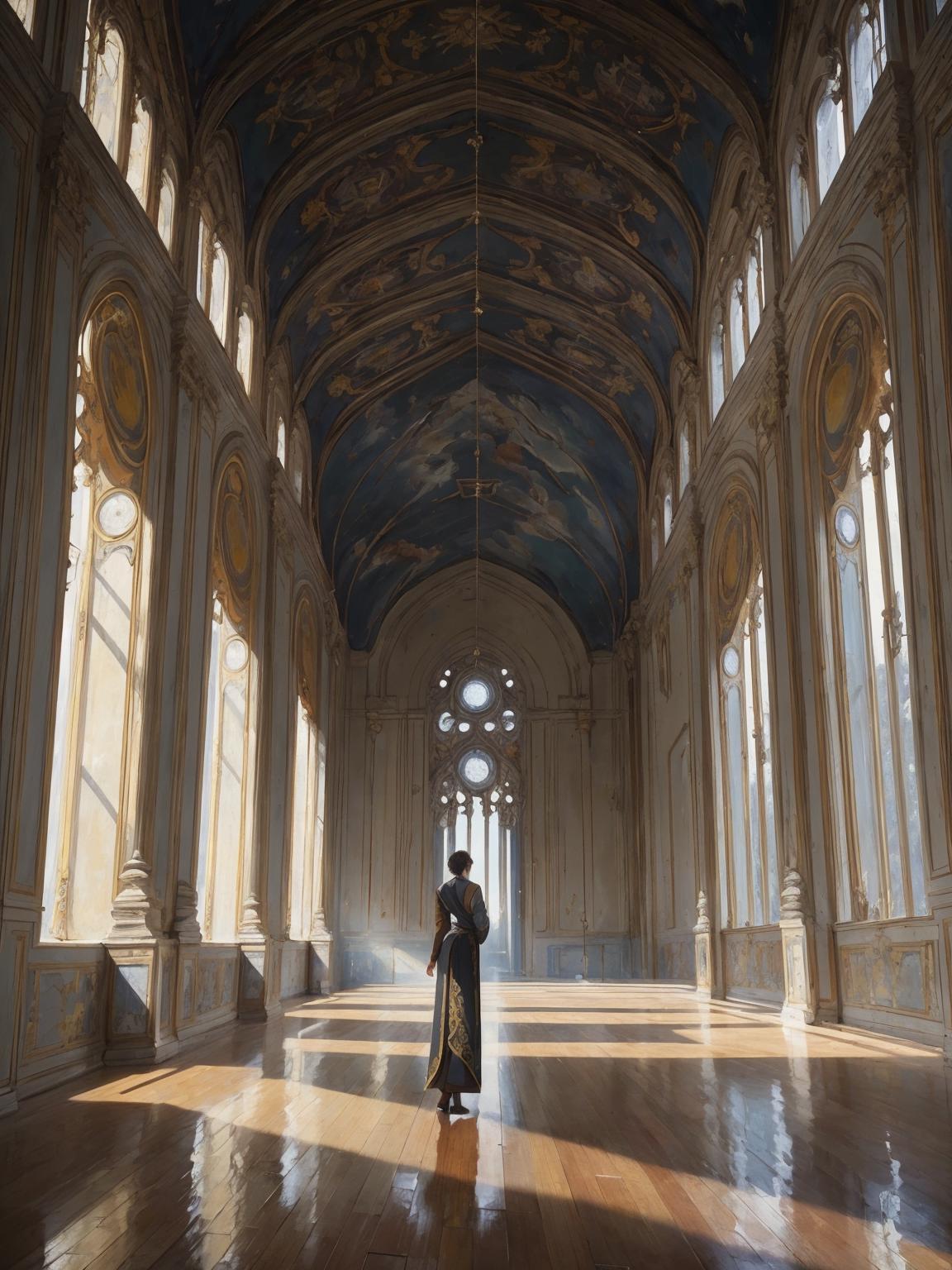 Arafed image of a couple standing in a large room with a ceiling painted blue - SeaArt AI