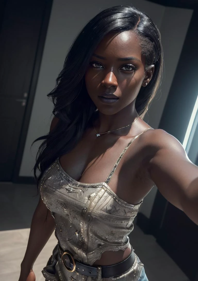 analog style, model shoot style, (full body:1.5) RAW photo ((selfie:1.7)) of a ((dark skin:1.5 ...