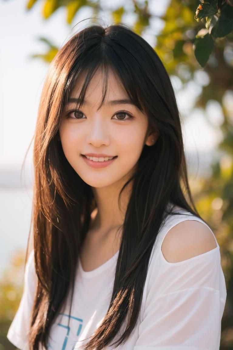 長い髪と白いシャツを着た女性が写真を撮るためにポーズをとっている - SeaArt AI