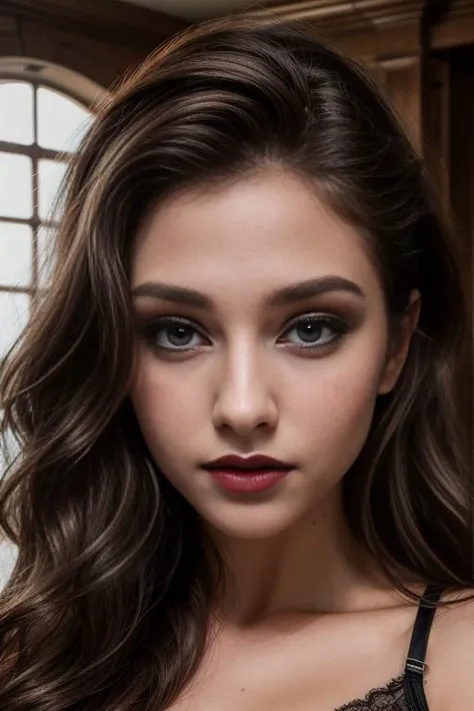 A close up of a woman with long hair wearing a bra - SeaArt AI