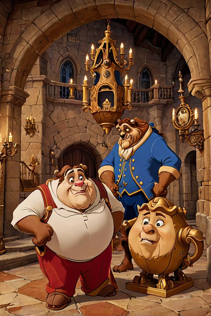 Disney characters in a castle with a clock and a lamp - SeaArt AI