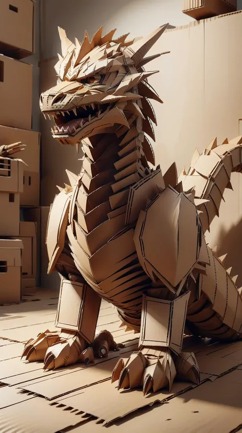 A close up of a cardboard dragon sitting on a floor - SeaArt AI