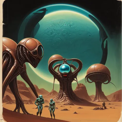 A painting of a group of alien aliens standing in front of a planet ...