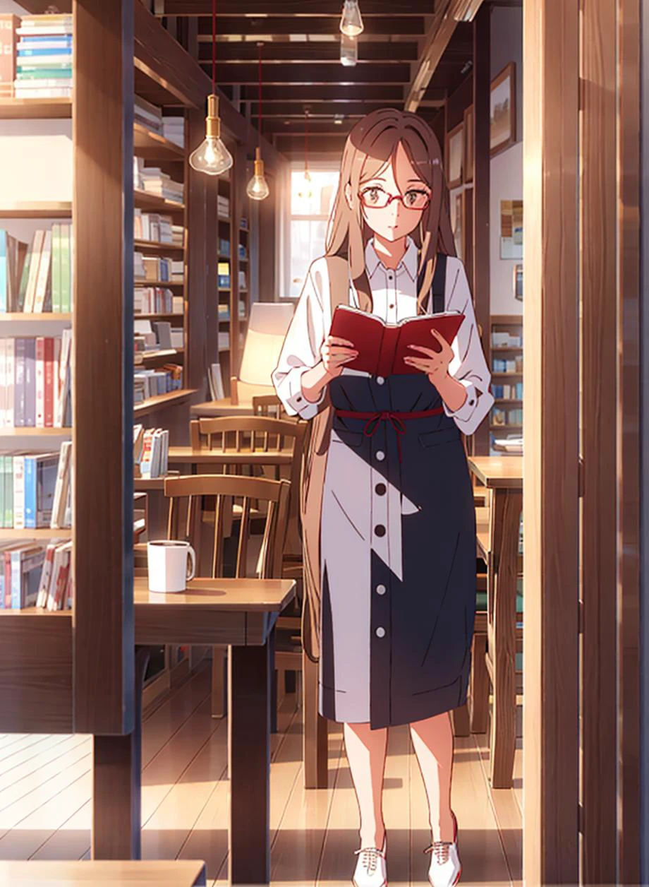 Anime girl reading a book in a library with a table and chairs - SeaArt AI
