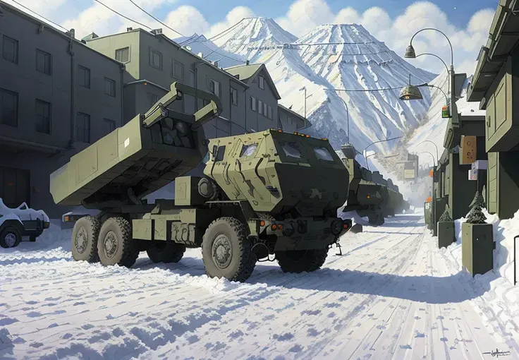 detailed painting of a HIMARS parked on a snow covered Japanese city ...