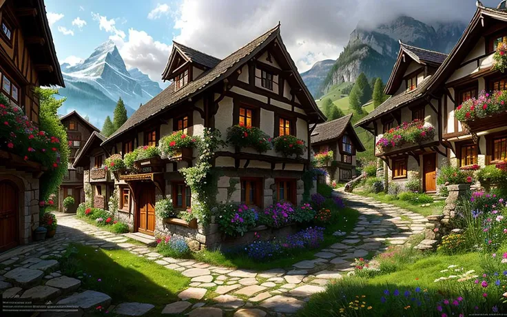 A close up of a small village with a pathway between two buildings ...