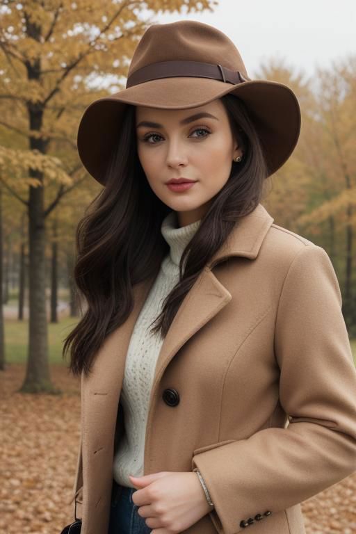 A woman in a hat and coat standing in a park - SeaArt AI