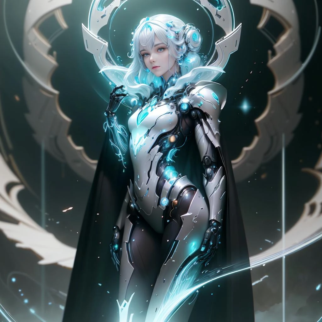 hologram of neotech woman wearing magic-fantasy-mech armor flowing cape, standing in a lush bio ...
