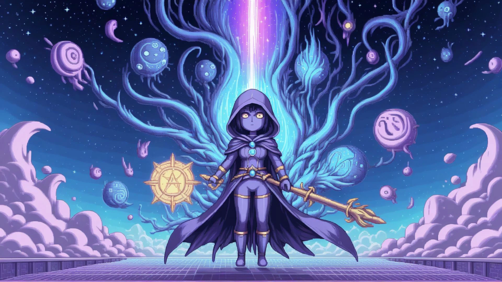 A cartoon image of a woman with a sword and a purple cloak - SeaArt AI