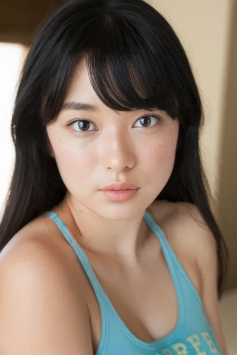 A close up of a woman with long hair wearing a blue tank top - SeaArt AI