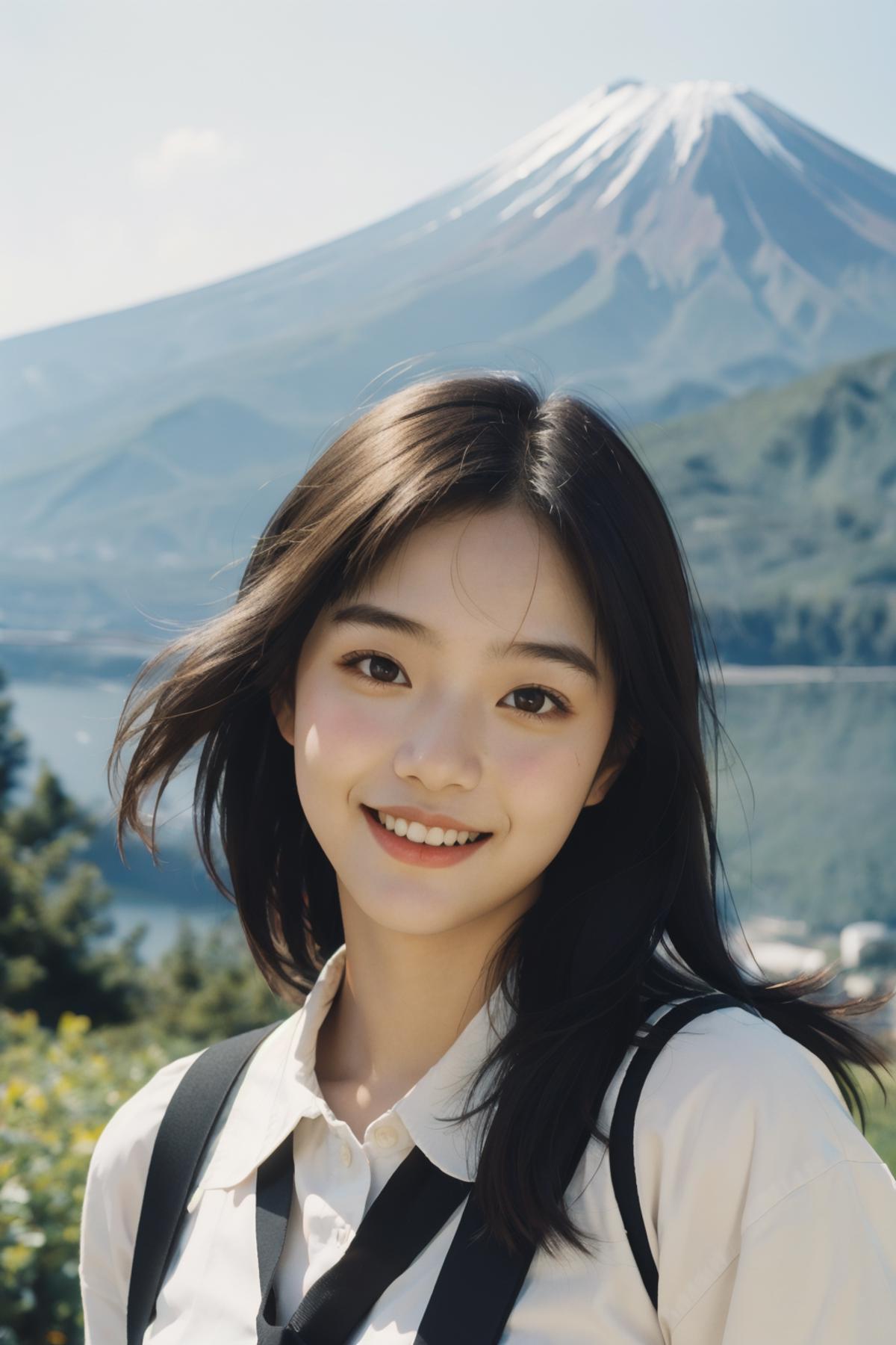 Arafed asian woman in a white shirt and black tie standing in front of a mountain - SeaArt AI